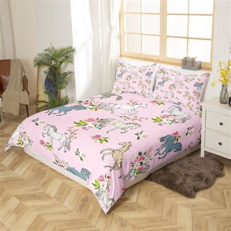 Housse De Couette 200X200 Cheval Ensemble De Literie Rose Pour Filles