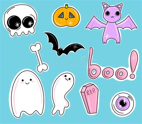 Halloween Sticker Set Cute Characters In Cartoon Style Ghost Cat