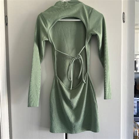 Nasty Gal Dresses Sage Green High Neck Long Sleeve Open Back Mini
