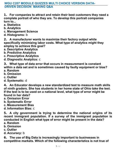 WGU C MODULE QUIZZES MULTI CHOICE VERSION DATA DRIVEN DECISION MAKING QUESTIONS AND ANSWERS