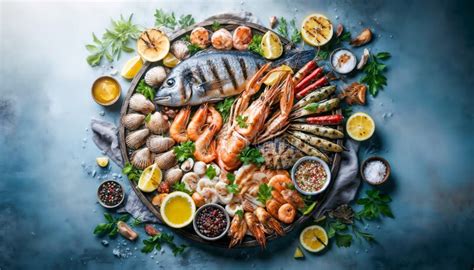 Delicious Seafood Platter Of Grilled Fish Shrimp Shellfish With Lemon