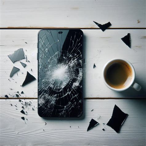 One Single Shattered Smartphone Screen On White Empty Wooden Table Top View Stock Illustration