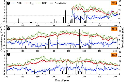 Daily Total Nee Reco Gpp And Precipitation In A 2018 B 2019 And C