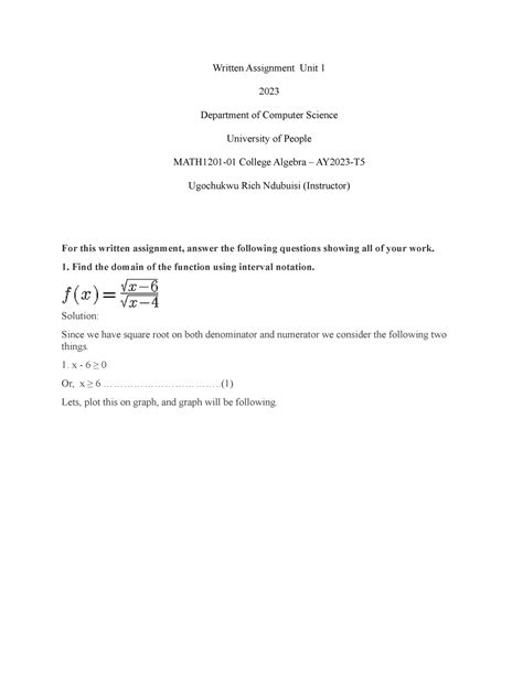 Written Assignment Unit 1 Find The Domain Of The Function Using Interval Notation Solution