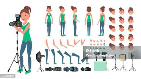 사진 작가 여자 벡터입니다 사진을 찍고 애니메이션 여성 문자 집합 전체 길이입니다 악세사리 포즈 얼굴 감정 몸짓입니다 플랫 만화 삽화를 절연 여자에 대한 스톡 벡터 아트 및