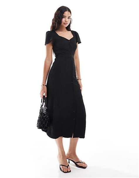 Asos Design Button Through Midi Tea Dress With Tie Back In Black Asos