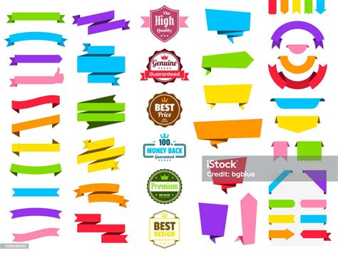 다채로운 리본 세트 배너 배지 라벨 흰색 배경의 디자인 요소 1위에 대한 스톡 벡터 아트 및 기타 이미지 1위 개체 그룹 고무도장 Istock