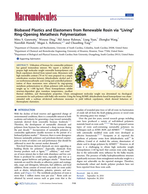 Pdf Biobased Plastics And Elastomers From Renewable Rosin Via “living” Ring Opening Metathesis