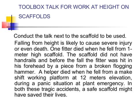 Tool Box Talk Work At Height On Scaffold Presentation