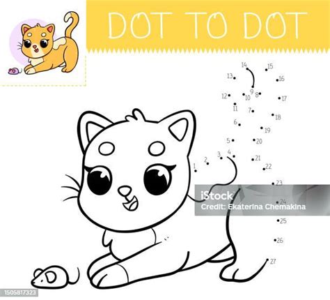 아이들을 위한 고양이와 함께 도트 투 도트 게임 색칠하기 책 귀여운 만화 새끼 고양이와 색칠하기 페이지입니다 점 벡터 그림을 연결합니다 0명에 대한 스톡 벡터 아트 및 기타