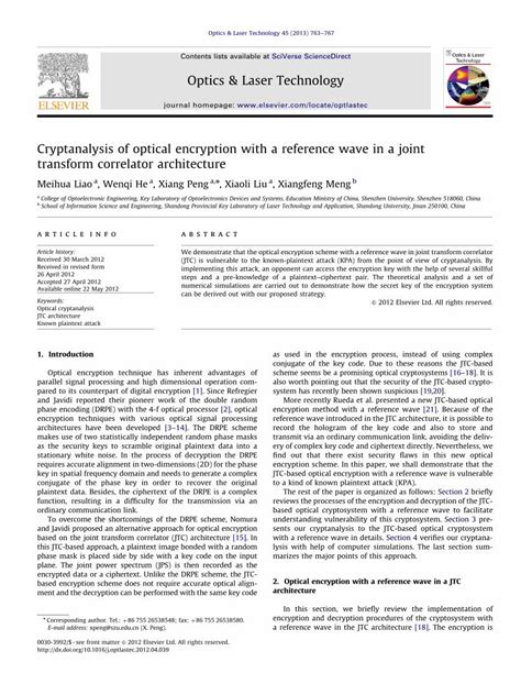 Pdf Cryptanalysis Of Optical Encryption With A Reference Wave In A