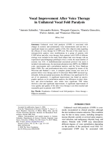 Pdf Vocal Improvement After Voice Therapy In Unilateral Vocal Fold Paralysis