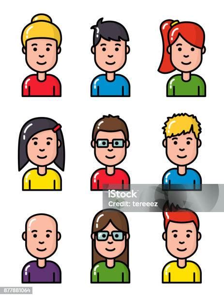 아바타 세로 젊은 웃는 사람들 문자 세트 귀여운 개요 선형 고립 된 디자인 디자인에 대한 스톡 벡터 아트 및 기타 이미지 디자인 라인아트 만화 Istock