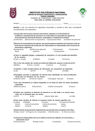 Sección I Lee con atención los siguientes enunciados y escribe la