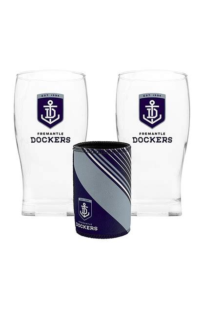 Fremantle Dockers Freo Afl Set Of 2 Pint Beer Glasses With Neoprene Can