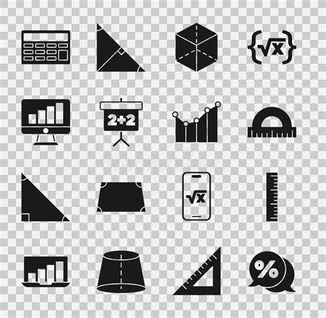 Set Discount Percent Tag Ruler Protractor Geometric Figure Cube Chalkboard Computer Monitor