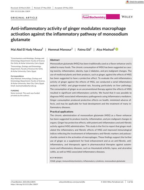 Pdf Anti‐inflammatory Activity Of Ginger Modulates Macrophage Activation Against The