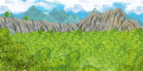 산으로 둘러싸인 분화구에서 숲의 만화 장면 어린이를위한 그림 0명에 대한 스톡 벡터 아트 및 기타 이미지 0명 경관 계곡
