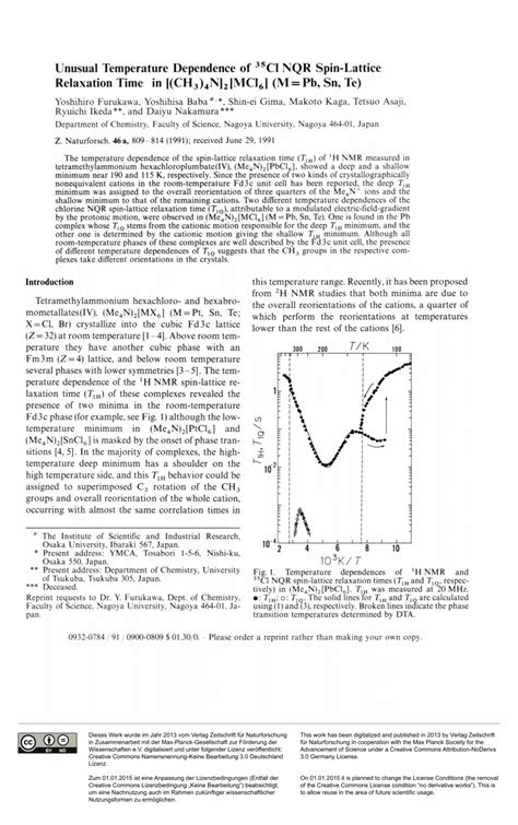 PDF Unusual Temperature Dependence Of Cl NQR Spin Lattice Relaxation Time In CH N MCl
