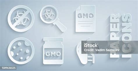 Gmo 박테리아가 있는 페트리 접시 유전자 변형 사과 생물학적 위험 및 돋보기 및 중지 아이콘을 설정합니다 벡터 돋보기 광학 기기에 대한 스톡 벡터 아트 및 기타 이미지