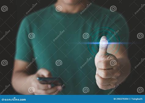 Cyber Security Concept Man Thumbs Up With Virtual Fingerprint To Scan