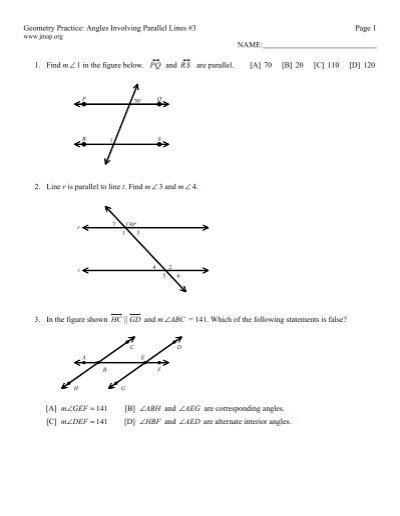 Geometry Practice Angles Involving Parallel Lines 3 Page 1 NAME