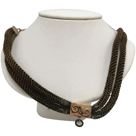 Double Strand Victorian Woven Hair Chokerwatch Fob With Dark Brown