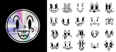 Retro 30s Cartoon And Comics Characters Faces Set Silver Sticker With