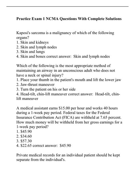 Practice Exam 1 NCMA Questions With Complete Solutions NCMA Stuvia US