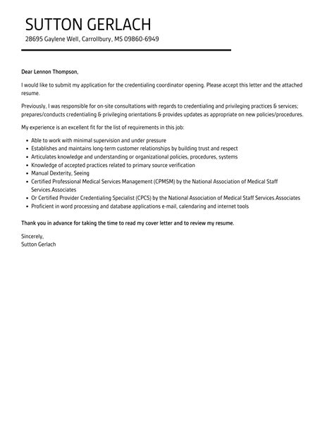 Credentialing Coordinator Cover Letter Velvet Jobs