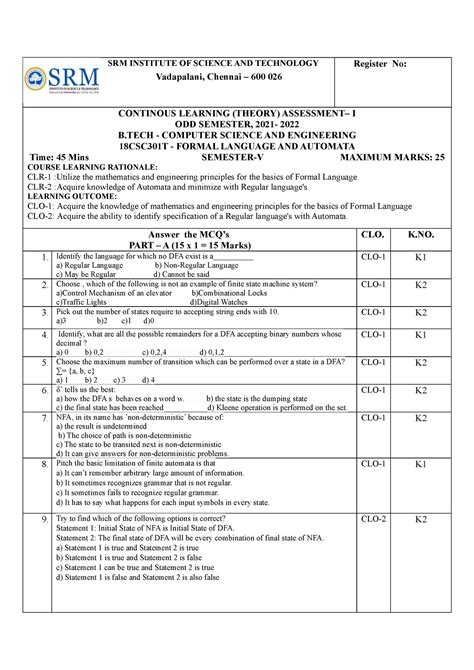 Nba Fla Set1 Ct1 Formal Language And Automata Srm Institute Of