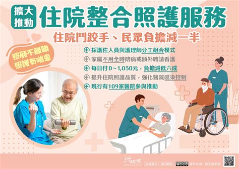關務署基隆關 擴大推動住院整合照護服務 減輕家屬陪病照顧與經濟負擔 衛福部自2022年起推動「 住院整合照護」試辦計畫，有效減輕家屬陪病照顧與經濟負擔；自2025年開始，本計畫相關預算皆由