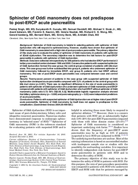 Pdf Sphincter Of Oddi Manometry Does Not Predispose To Post Ercp Acute Pancreatitis