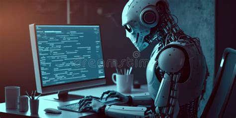 Artificial Intelligence Robot Using Computer Software For Gpt Binary Coding Stock Illustration