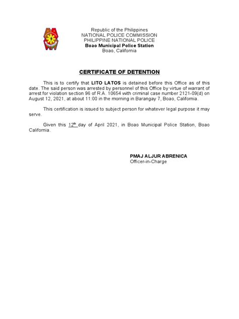 Certificate Of Detention Pdf