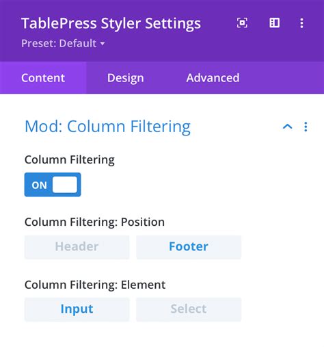Mod Column Filtering Content Tab TablePress Styler Docs Divi