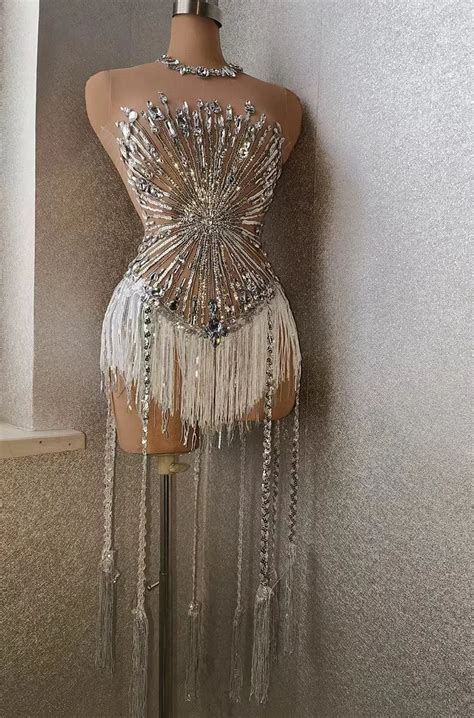 Sparkly Rhinestones Sequins Fringes For Women Stage Wear Leotard Sexy