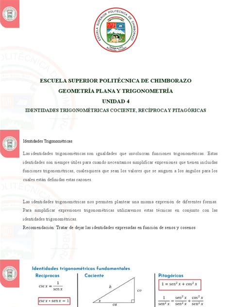 Identidades Trigonométricas Recíprocas Y Pitagóricas Pdf