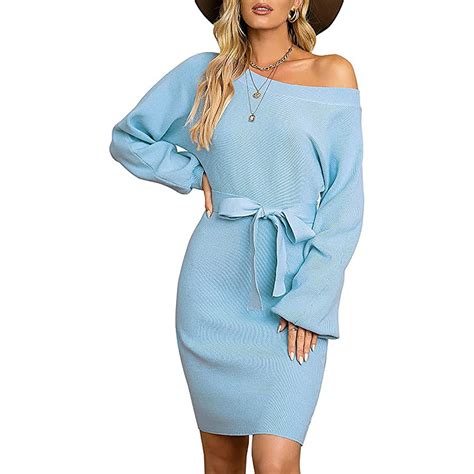 Vsssj Womens Crewneck Lantern Long Sleeve Slim Fit Sweater Dresses