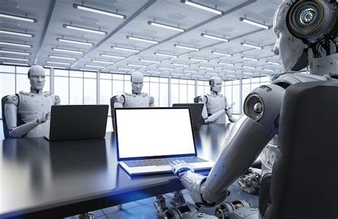 premium photo 3d rendering robot working in office or conference room