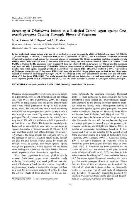 Pdf Screening Of Trichoderma Isolates As A Biological Control Agent Against Ceratocystis