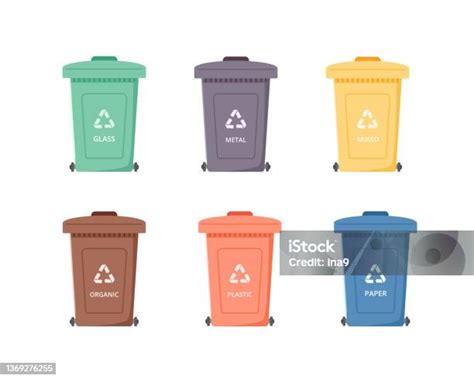 종이 플라스틱 유리 금속 유기 및 혼합 쓰레기에 대한 용기 또는 재활용 쓰레기통 흰색에 격리 된 다른 색상의 쓰레기통 별도의 가비지 세트입니다 벡터 그림입니다 쓰레기
