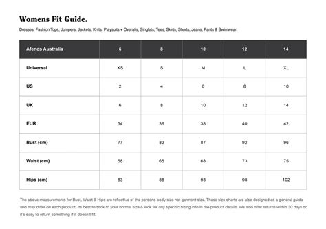 Womens Pants Size Chart Australia A Visual Reference Of Charts Chart