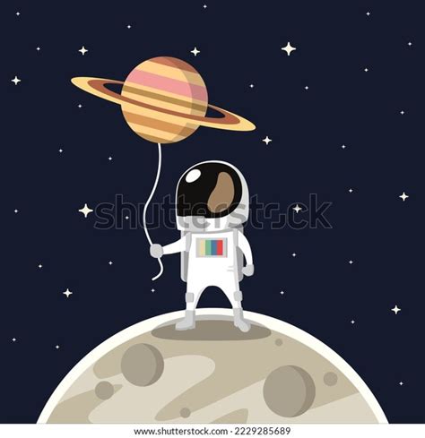 Astronaut Floating Saturn Balloons On Moon Stock Vector Royalty Free
