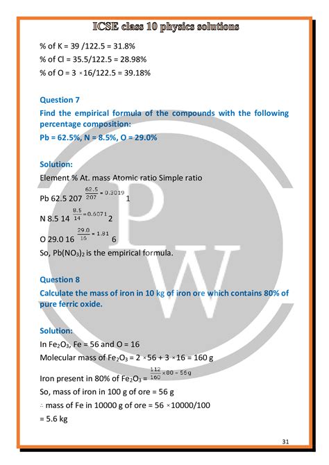 Icse Class 10 Chemistry Solutions For Chapter 5 Mole Concept Pw