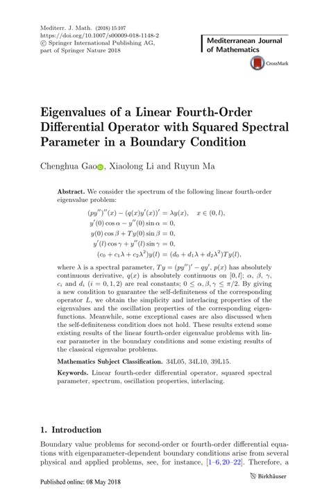 Pdf Eigenvalues Of A Linear Fourth Order Differential Operator With