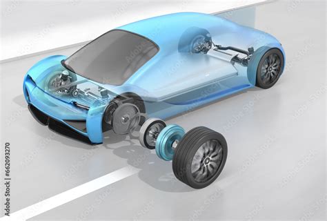 Technical Drawing Of Electric Car Equipped With In Wheel Motors In Exploded View Generic Design