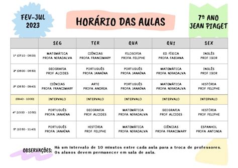 Cartaz Tabela Grade De Horário Das Aulas Escolares Colorido Branco Pdf