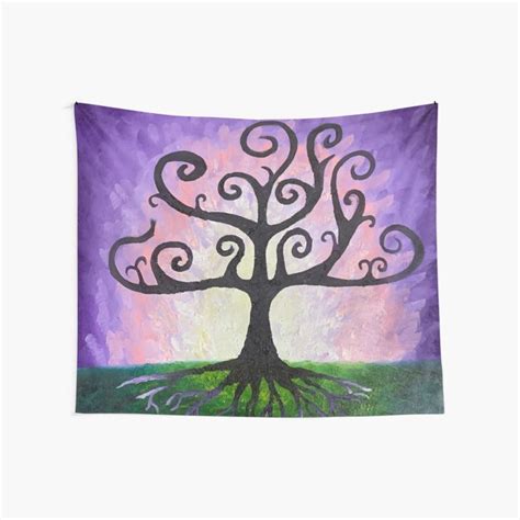 A Painting Of A Tree With Purple Sky In The Background