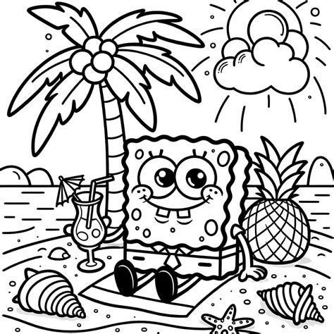 Relaxed Spongebob On Beach With Pineapple Drink Coloring Page Lulu Pages